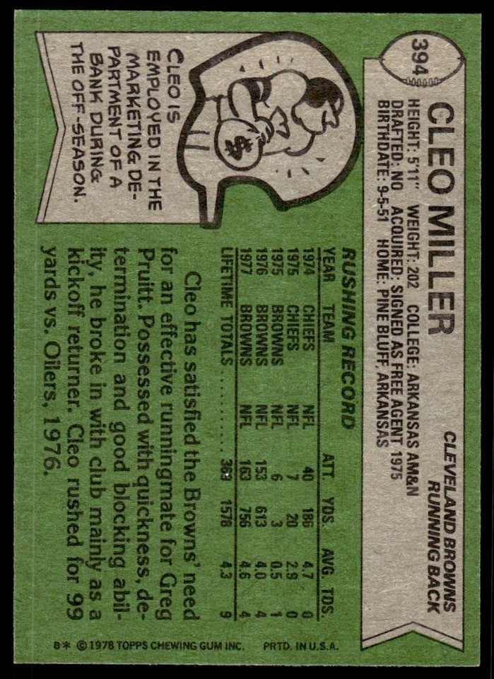 1978 TOPPS CLEO MILLER K CLEVELAND BROWNS #394 | eBay