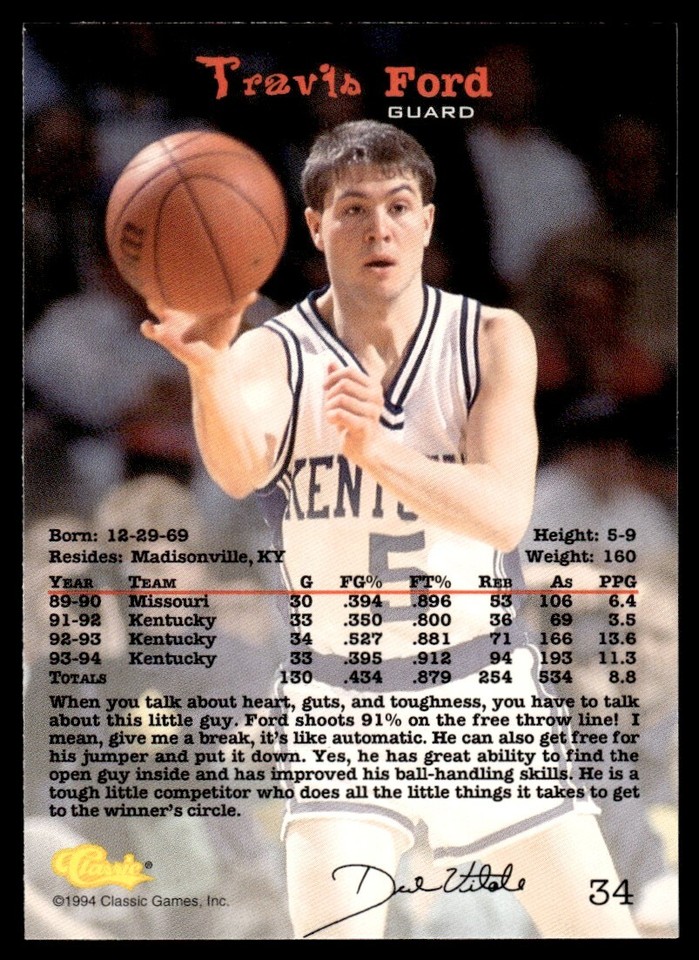 1994-95 Classic Draft Travis Ford Kentucky Wildcats #34 | eBay