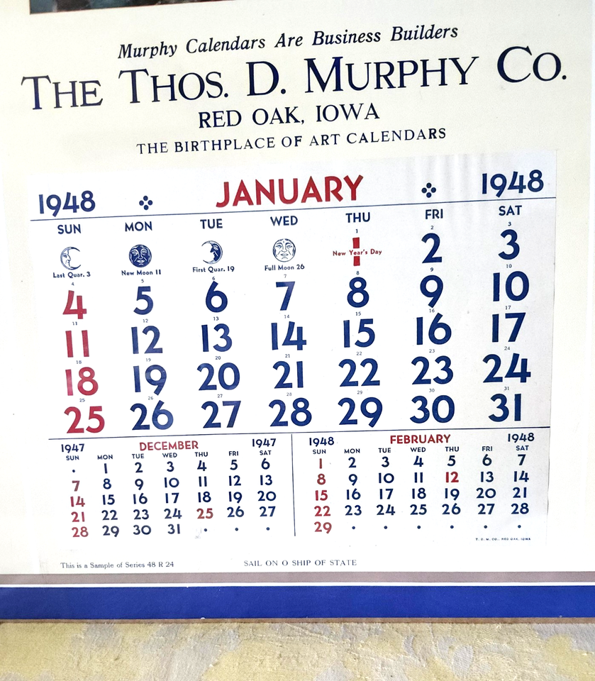 1948 Calendar "Ships of State" Sample Page-27 1/4" x 15" Ready to Frame ...