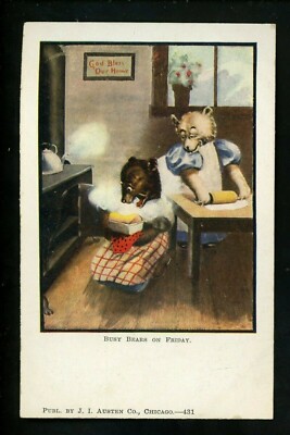 Teddy Bear Vintage postcard Busy Bears J.I. Austen #431 Friday Days of ...