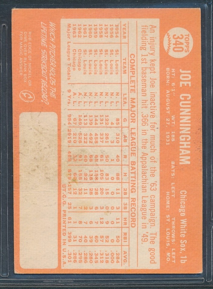 1964 Topps Baseball Set Break #340: JOE CUNNINGHAM Chicago White Sox ~ VG | eBay