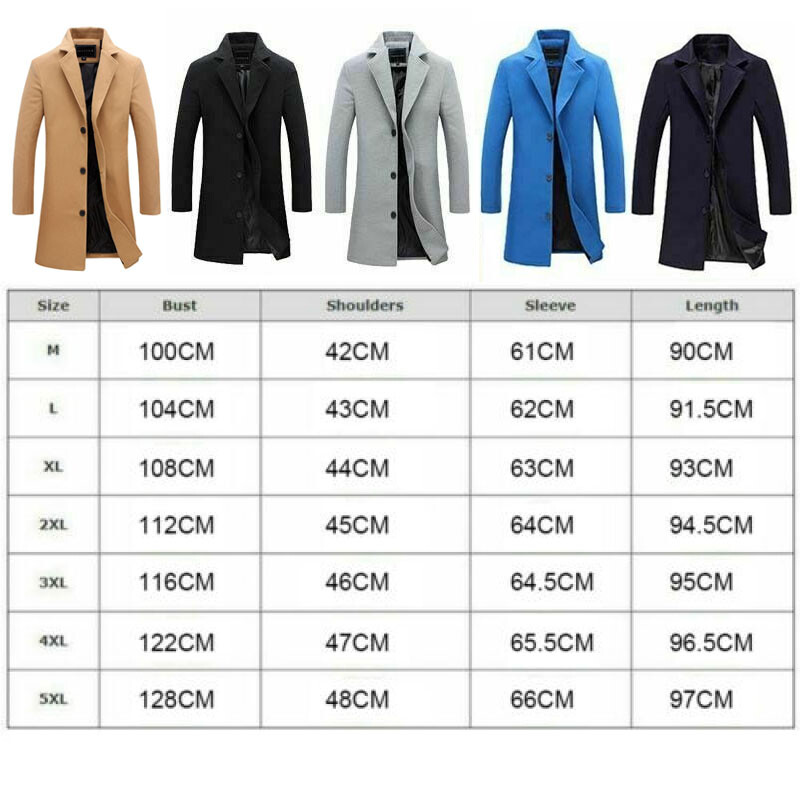 Men Single Breasted Long Jacket Trench Coat Artificia Wool Overcoat ...