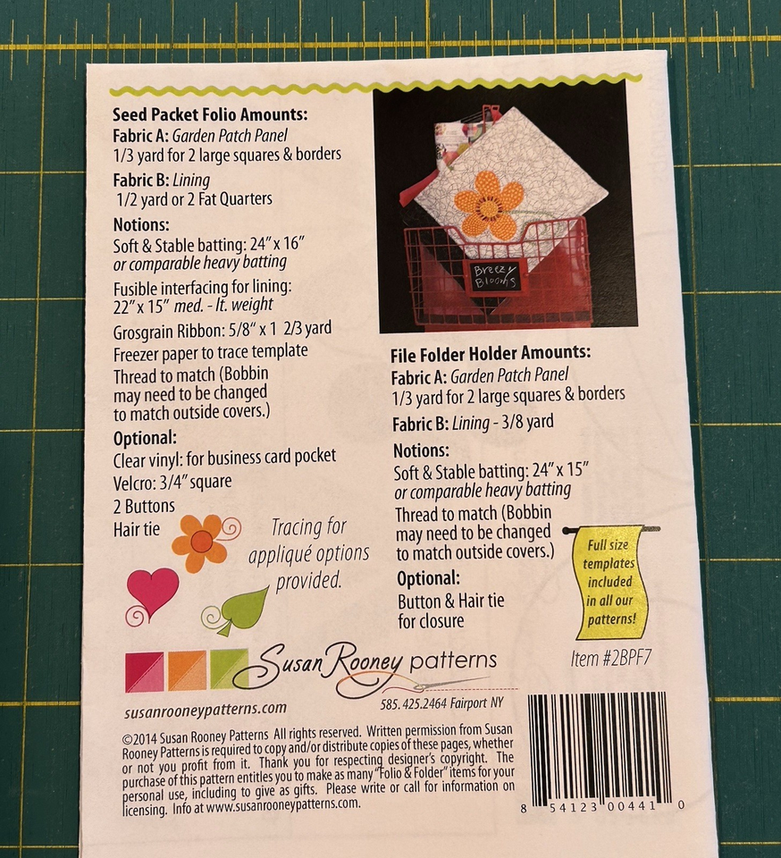 Flowers Quilt Kit Susan Rooney Patterns & Fabric Seed Packet Folio/File ...