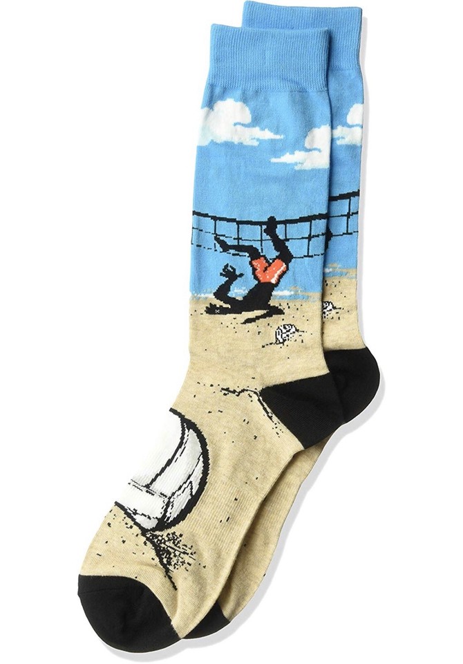 K. BELL Men's Novelty Match Point Cotton Crew Socks BLUE VOLLEYBALL ...