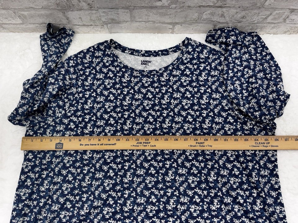 Lands End Classic Tee Top 100% Cotton Navy Blue Floral Print Long ...