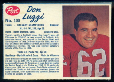 1962 POST CFL FOOTBALL #100 DON LUZZI EX+ Calgary Stampeders Villanova ...