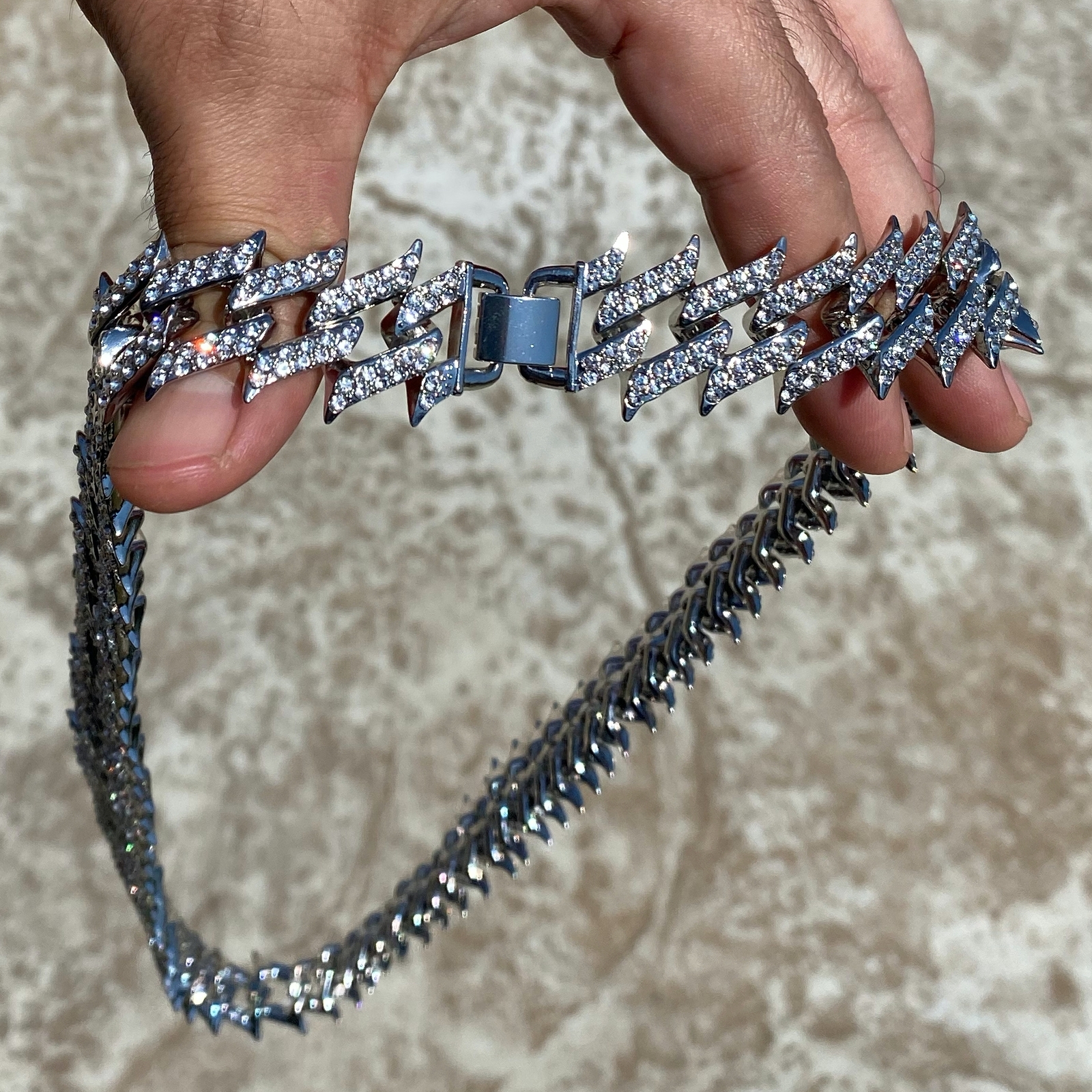 Men's Huge Spike Chain Iced Hip Hop Necklace Simulated CZ Silver Tone ...