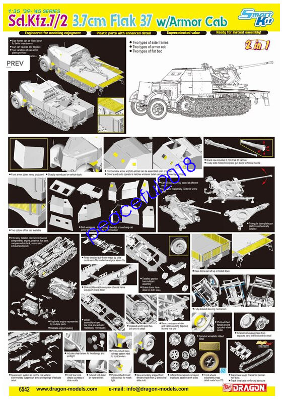 Dragon 6542 1/35 WW.II German Sd.Kfz.7/2 8t Half-track 3.7cm Flak37 AA ...