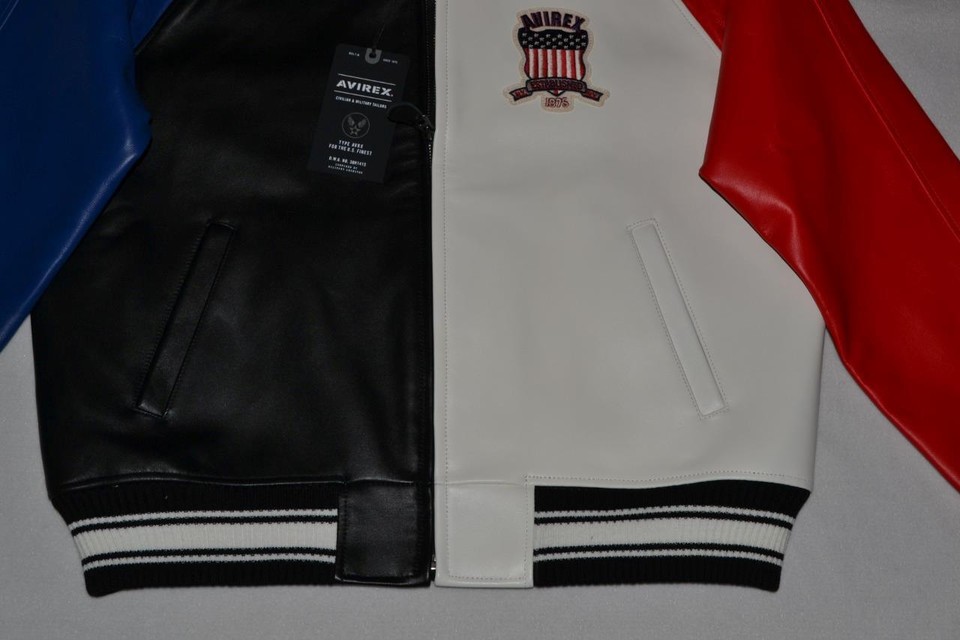 AUTHENTIC Avirex Icon Leather A1 BOMBER Jacket MENS SNOW WHITE RED BLUE ...