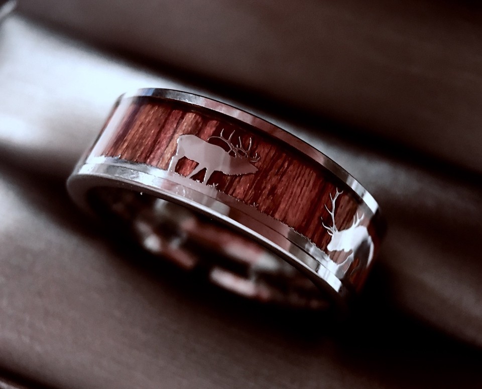 Wood & Antler Pattern Inlay Ring, Elks in Forest landscape, Mens and ...
