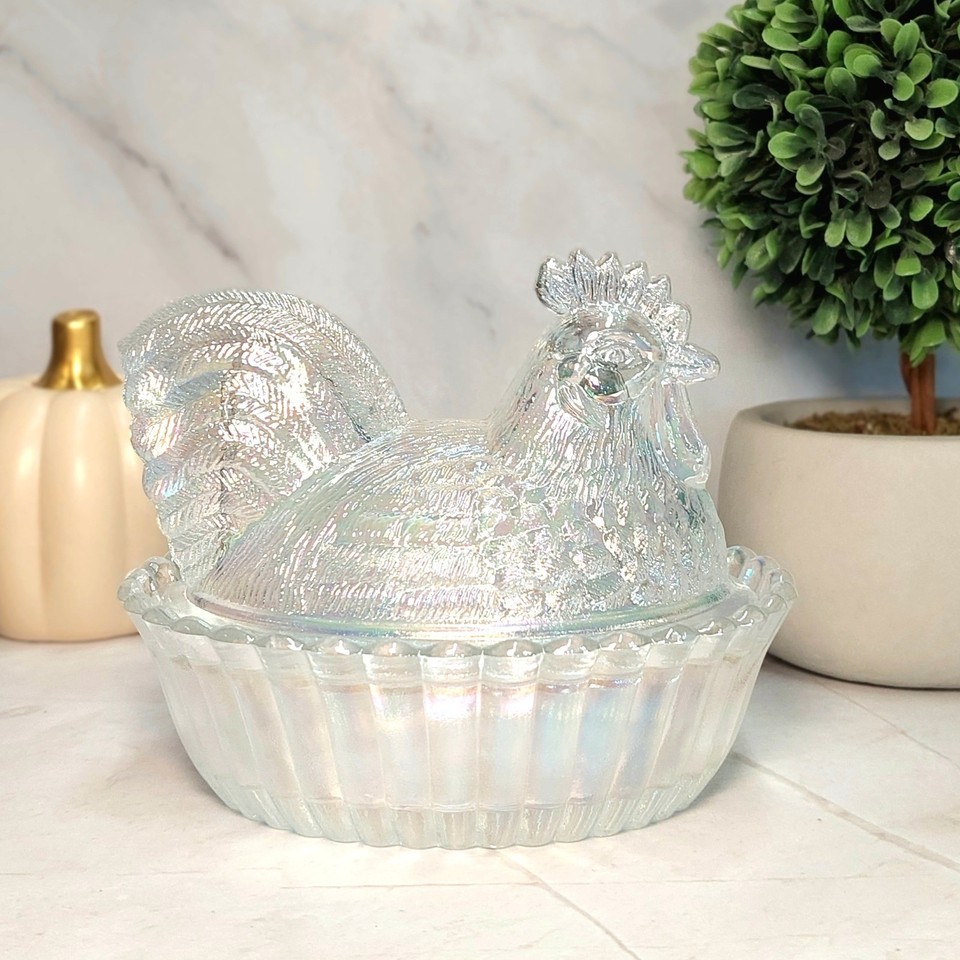 Carnival Glass Rooster Chicken Hen on Nest Candy Dish, Vintage Style ...