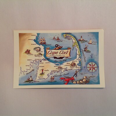 Vtg 1975 Color Souvenir Postcard Quaint Cape Cod Old Fashioned Map ...