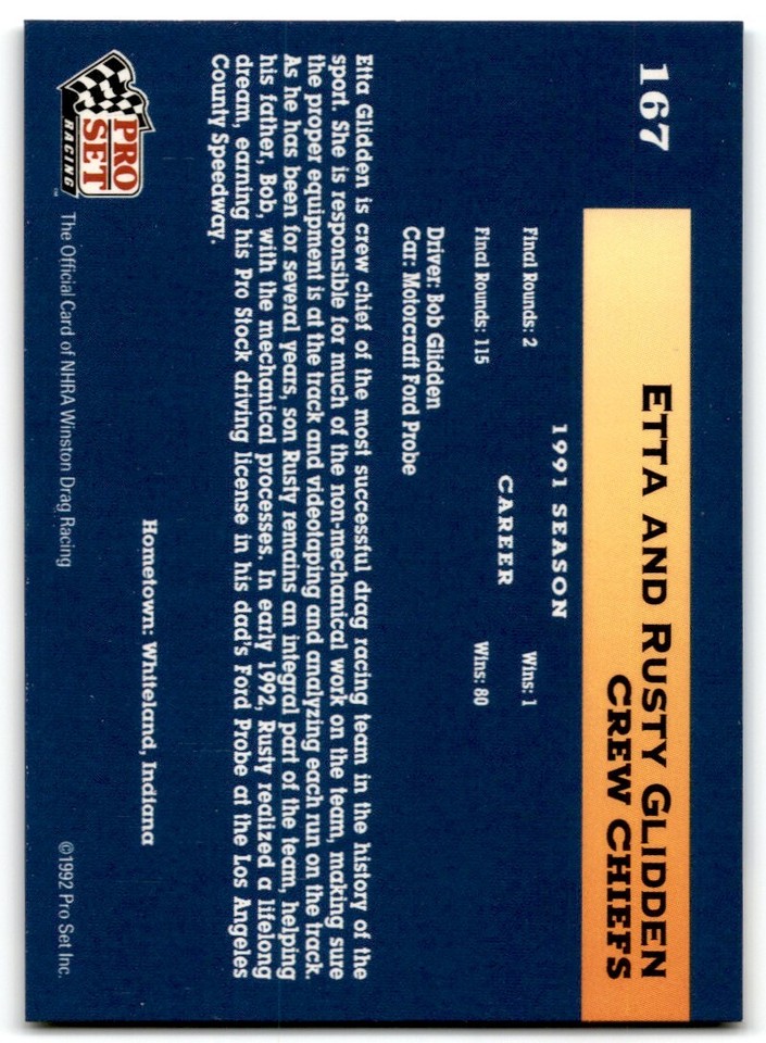 1992 Pro Set NHRA Rusty Glidden/Etta Glidden #167 | eBay