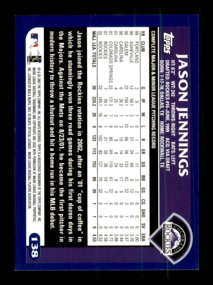 2003 Baseball Topps Jason Jennings Colorado Rockies #138 ASR RC | eBay