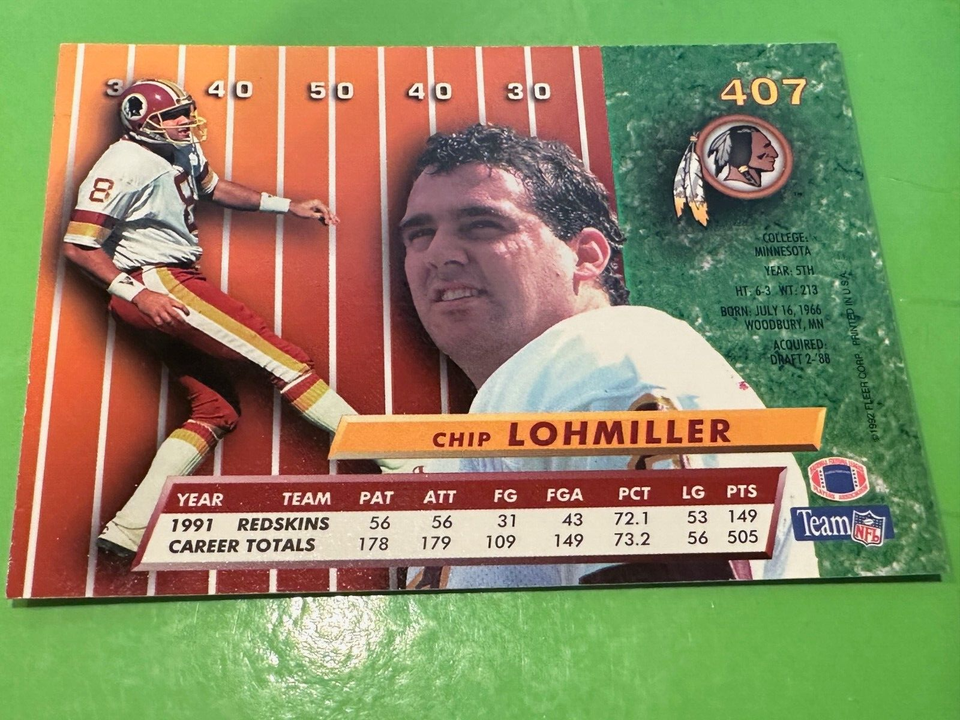 1992 Fleer Ultra Card # 407 Washington Redskins, Chip Lohmiller. Kicker ...