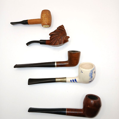 5 Vintage Mixed Lot Smoking Pipes Corncob? Delft Carved Wood Some TLC ...