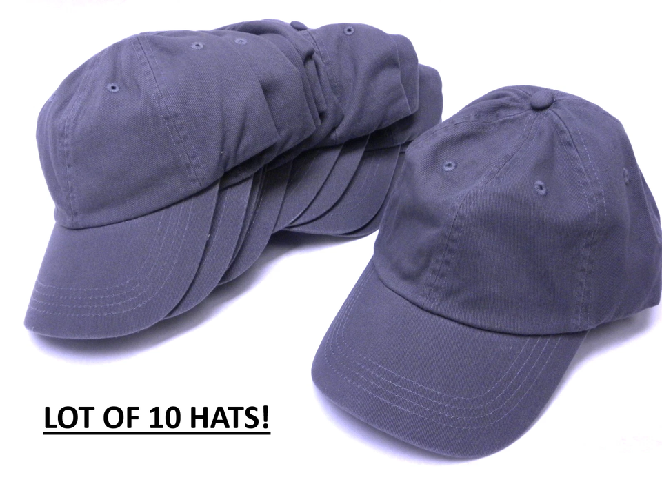 10 Pcs Plain Cotton Baseball Cap Polo Style Washed Hook & Loop Grey ...