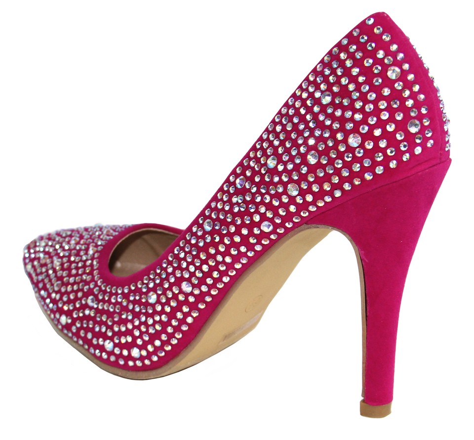 New women's shoes rhinestones high heel suede like pumps hot pink party ...