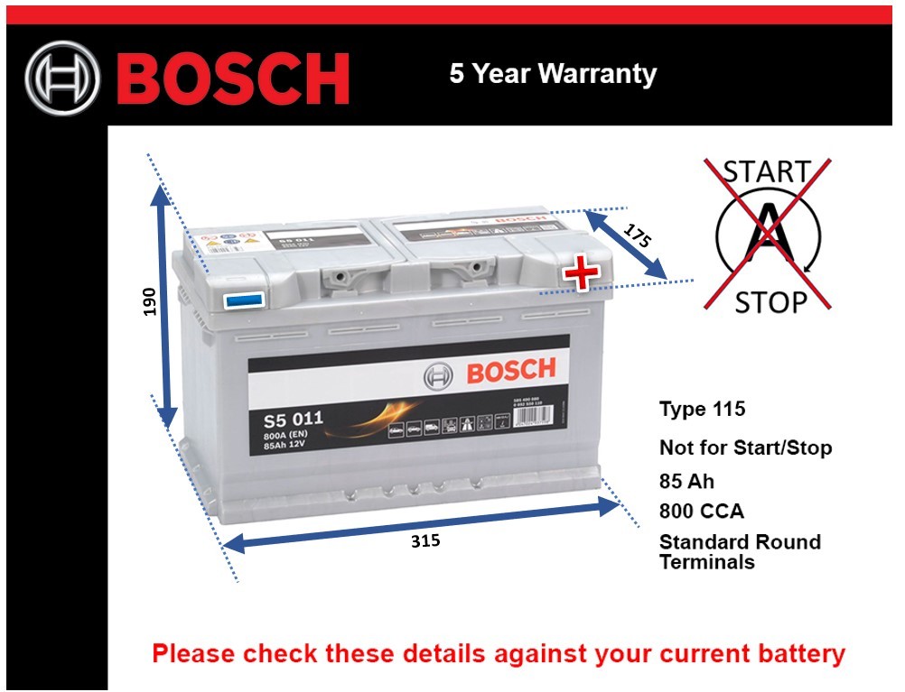Car Battery S5011 Bosch 115 800A 85Ah 5Yr 315x175x190 for sale online ...
