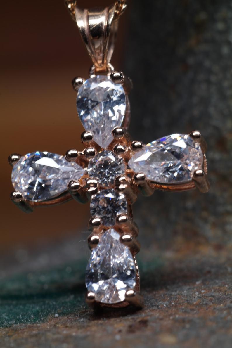 2Ct Pear Cut Lab Created Diamond Cross Pendant 18" Chain 14k Rose Gold ...