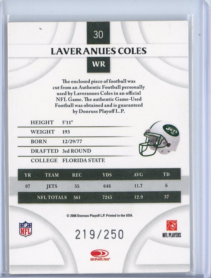 Laveranues Coles - 2008 Donruss Threads Game Used football patch relic ...