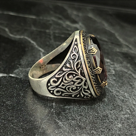 Men Silver Red Garnet Gemstone Ring , Silver Shiny Red Stone Ring ...