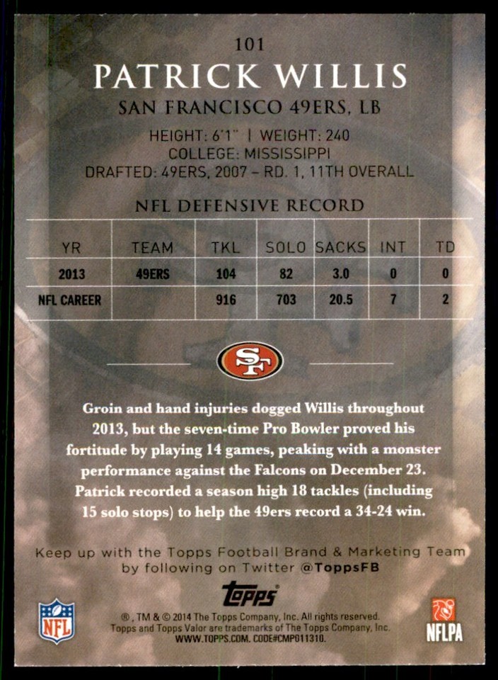 2014 Topps Valor Patrick Willis Baseball Cards #101 | eBay