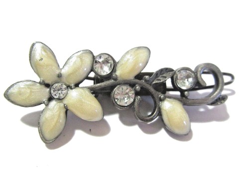 ACRYLIC WHITE FLOWER AND RHINESTONE ACCENTS SMALL METAL BARRETTE | eBay
