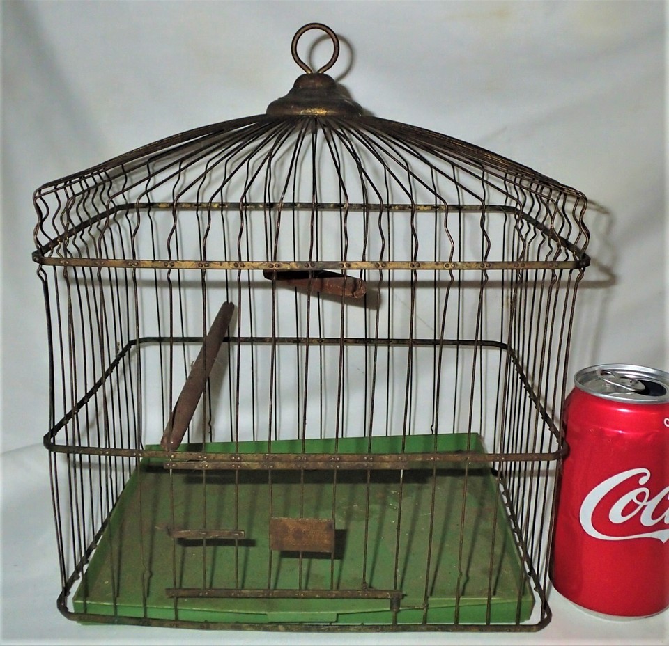 ANTIQUE VINTAGE COUNTRY BIRD WIRE CAGE WOOD PLASTIC BOTTOM BRASS METAL ...