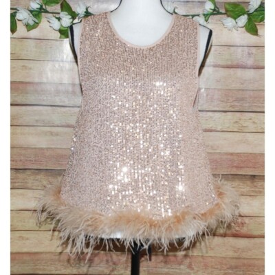 Scrap Work Boutique Full Sequin Tank Top Rose Gold Size L Feather Trim ...