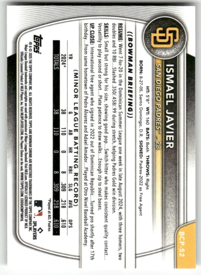 Ismael Javier 2025 Bowman Chrome Prospects #BCP-52 San Diego Padres | eBay