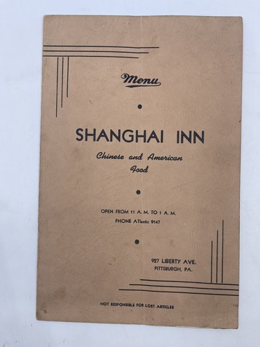 Vintage 1940s Chinese Restaurant Menu Shanghai Inn Pittsburgh PA RARE ...