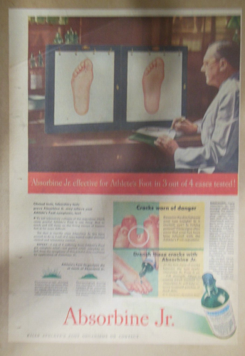 Absorbine Jr. Ad: Effective on Athletes Foot Cases ! 1940' Size: 11 x ...