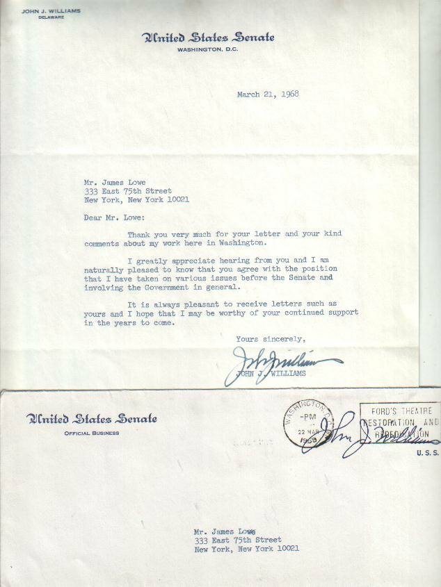 John J. Williams Autographed Letter Senator from Delaware 1947-1970 D ...