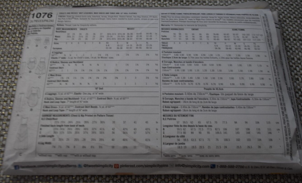 Simplicity 1076 Matching Dress Leggings Misses XS-XL Child 3-8 & 18" Doll UC | eBay