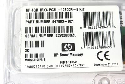 HEWLETT PACKARD 647893-B21 HP 4GB (1x4GB) PC3L-10600 Memory Kit - LOT ...