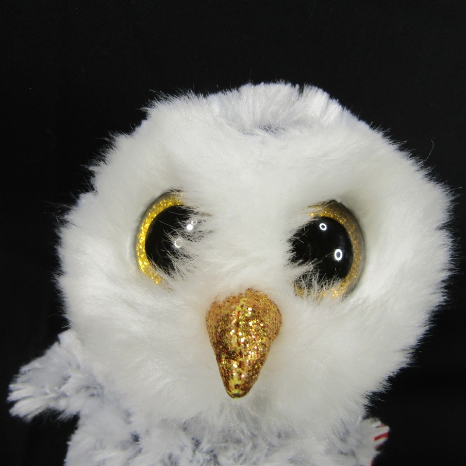 TY Beanie Boo 6" OWLETTE gray white fluffy Owl Plush Gold glitter with ...