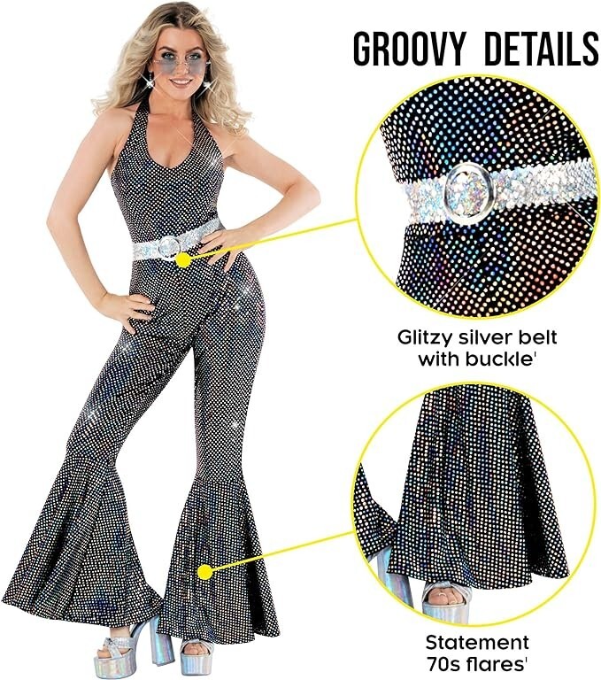 Womens Disco Queen Costume 70s Dancing Diva Jumpsuit Fancy Dress Hen Do ...