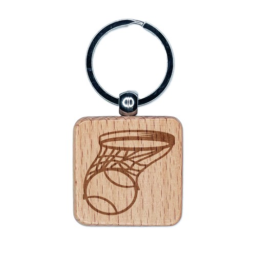 Basketball and Hoop Sketch Engraved Wood Square Keychain Tag Charm | eBay