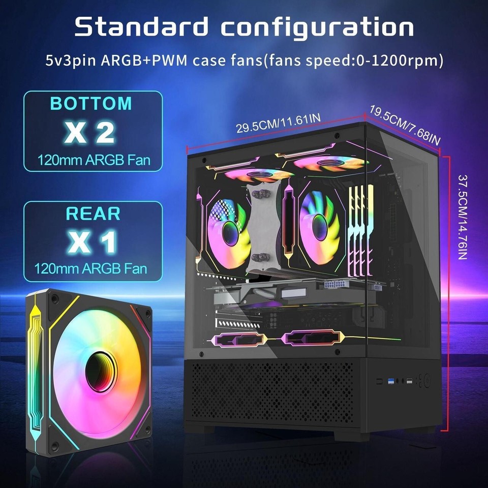 Micro ATX Case, MATX PC Case w 3 X 120mm 3-Pin ARGB Fan Pre-Installed ...