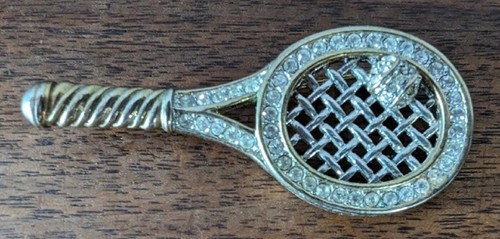 Gold Tone Rhinestone Tennis Racquet Brooch Pin, 2.75" Long, Safety ...