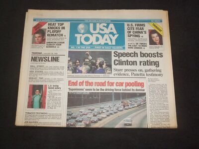 1998 JANUARY 29 USA TODAY NEWSPAPER - SPEECH BOOSTS CLINTON RATING - NP ...
