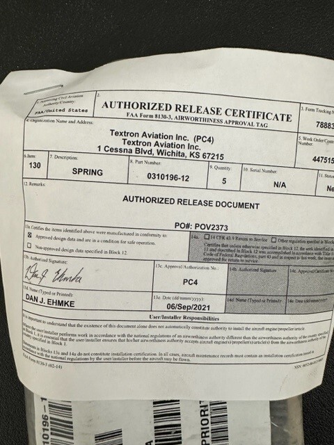 NOS Cessna 172 Skyhawk Rudder Return Spring 0310196-12 for sale online ...