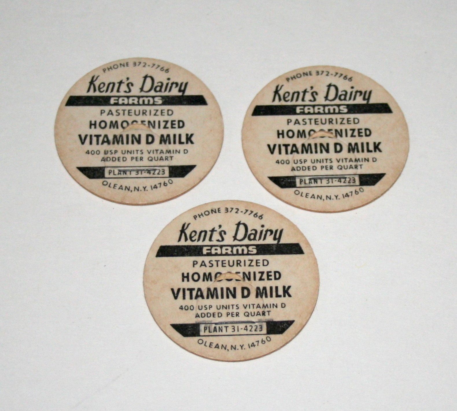 Vintage Kent's Dairy Farms Olean, NY Dairy Vitamin D Milk Bottle Cap ...