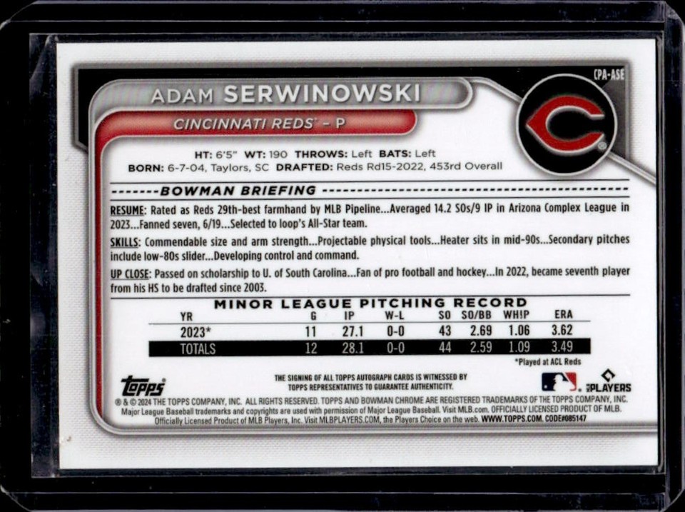 2024 Bowman Chrome Adam Serwinowski Auto HTA Choice Refractor 1st #13/ ...