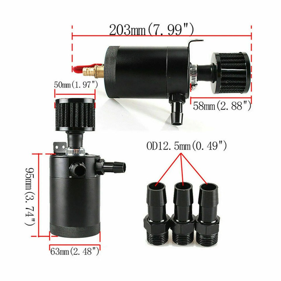 Universal Baffled Oil Catch Can Kit 2-Port Reservoir Tank +Filter Drain ...
