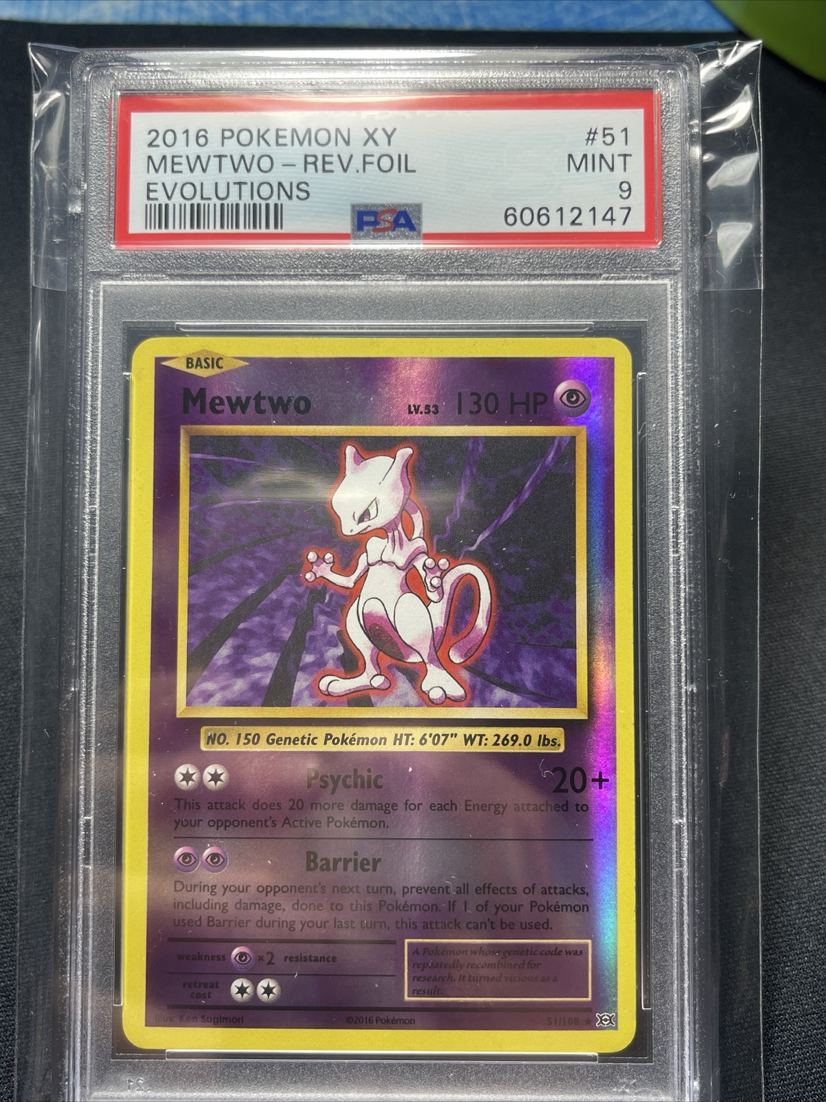 2016 Pokemon MEWTWO 51/108 [Reverse Holo Rare] XY Evolutions PSA 9 Slab ...
