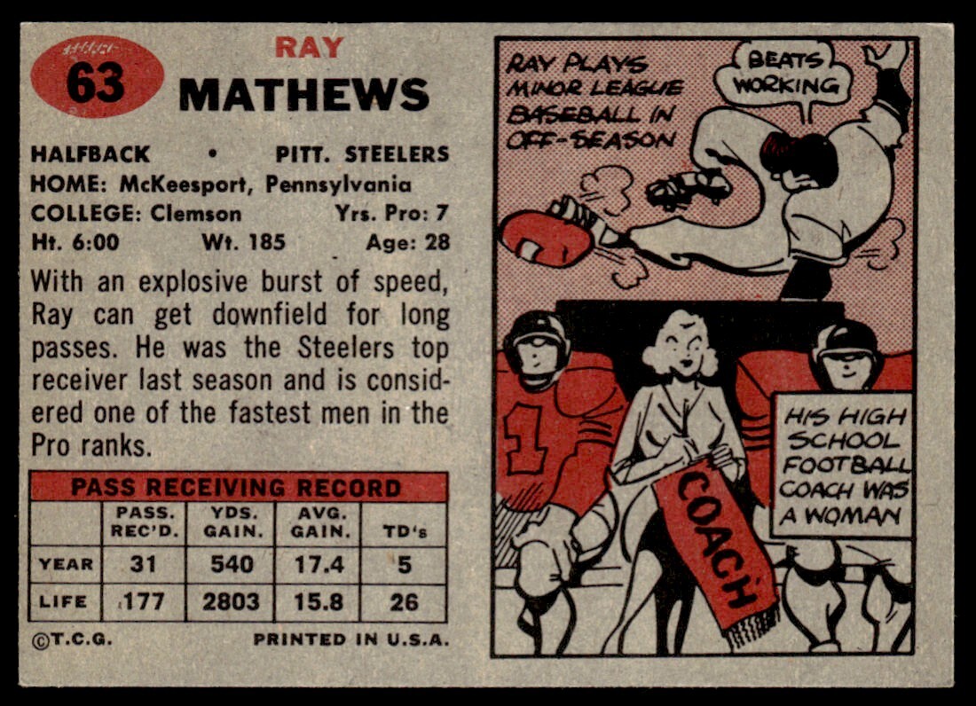 1957 Topps Ray Mathews Pittsburgh Steelers #63 | eBay