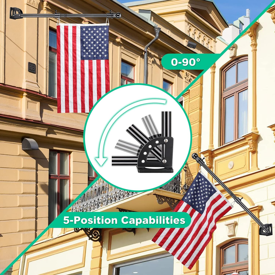 Flag pole rod 6' Long black Muti Position holder fit flag 3' 4' 5 ...