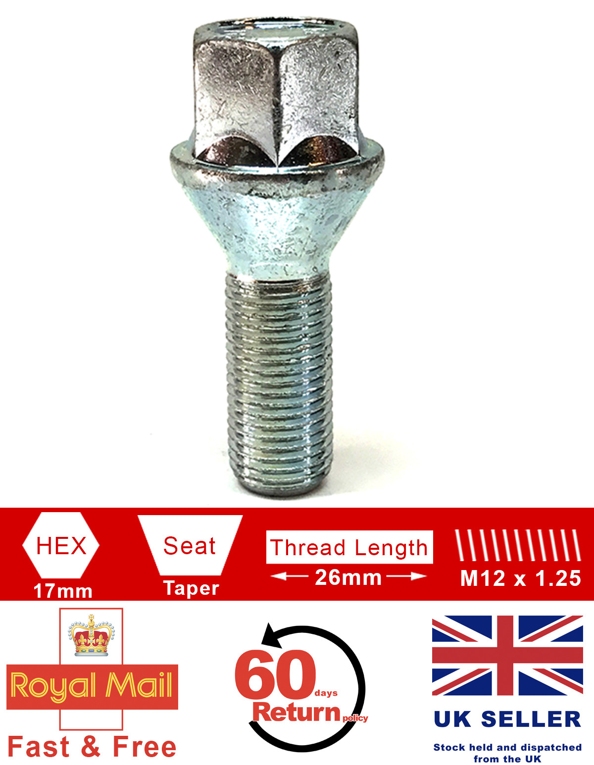 Single 1 x M12 x 1.25 26mm thread 17mm Hex alloy wheel bolts for Jeep ...